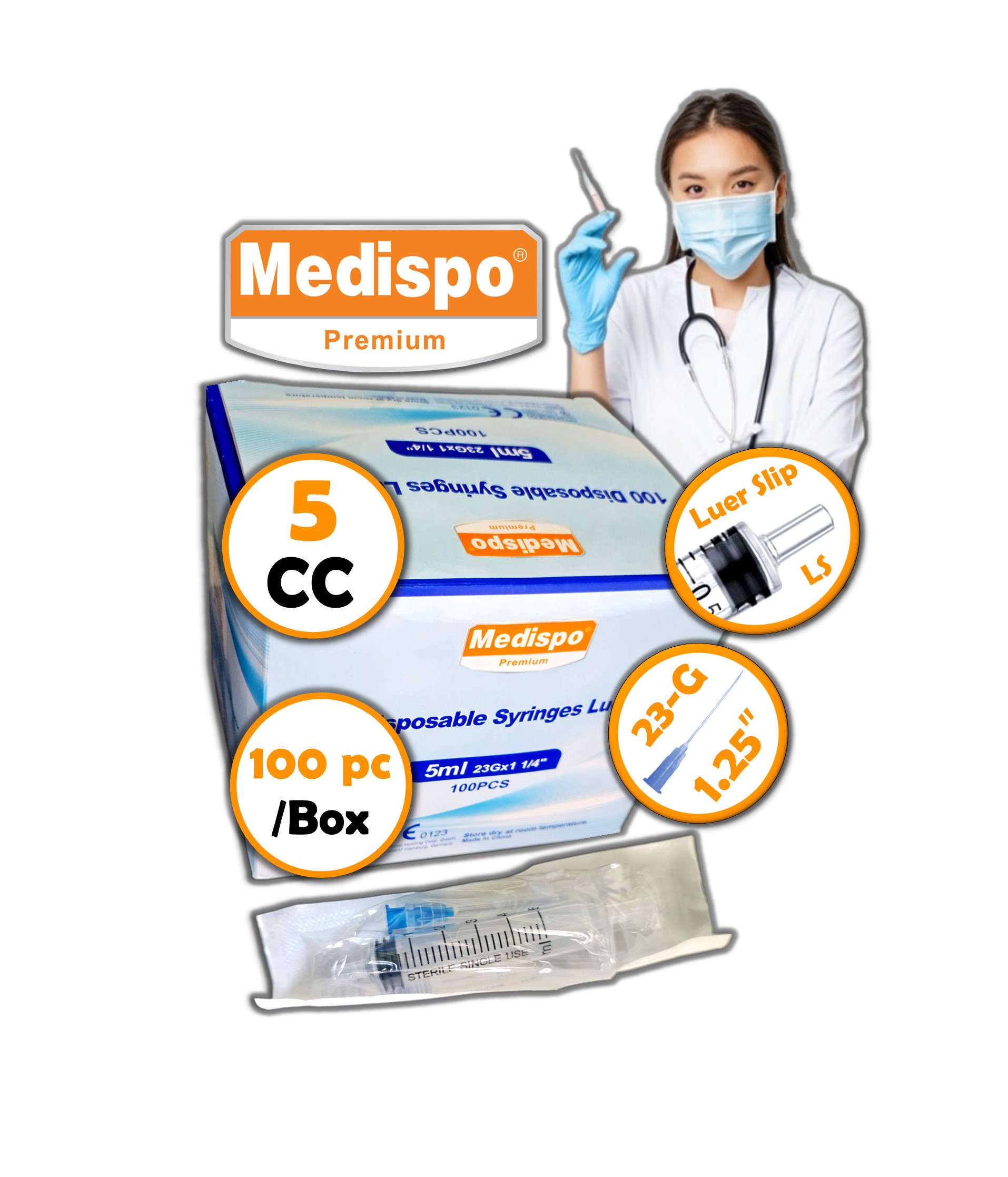 Syringe | 5cc | Luer Slip | Needle 23-G / 1.25" Inch | 100 pc /Box ...